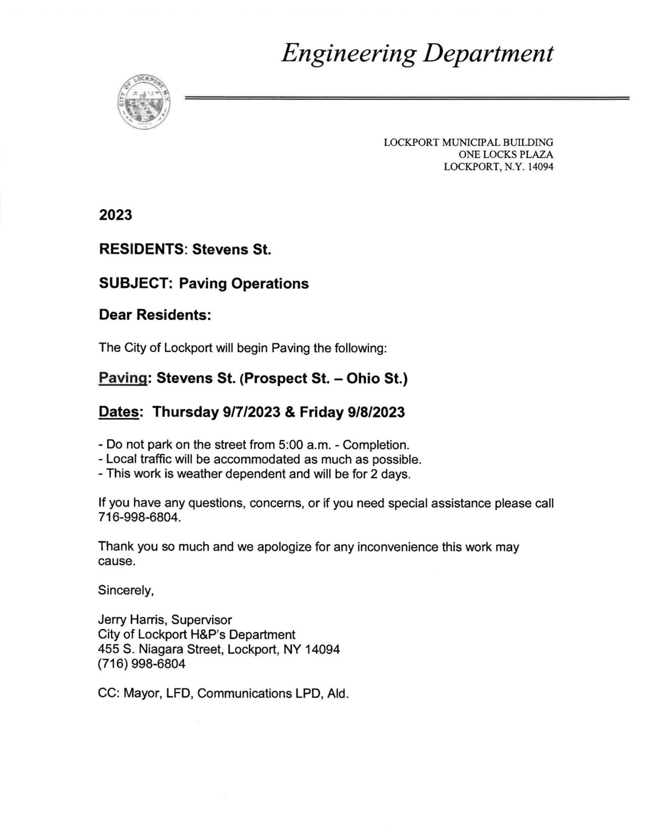 Paving Notice: Stevens St. (Prospect St. – Ohio St.) | Lockport, NY